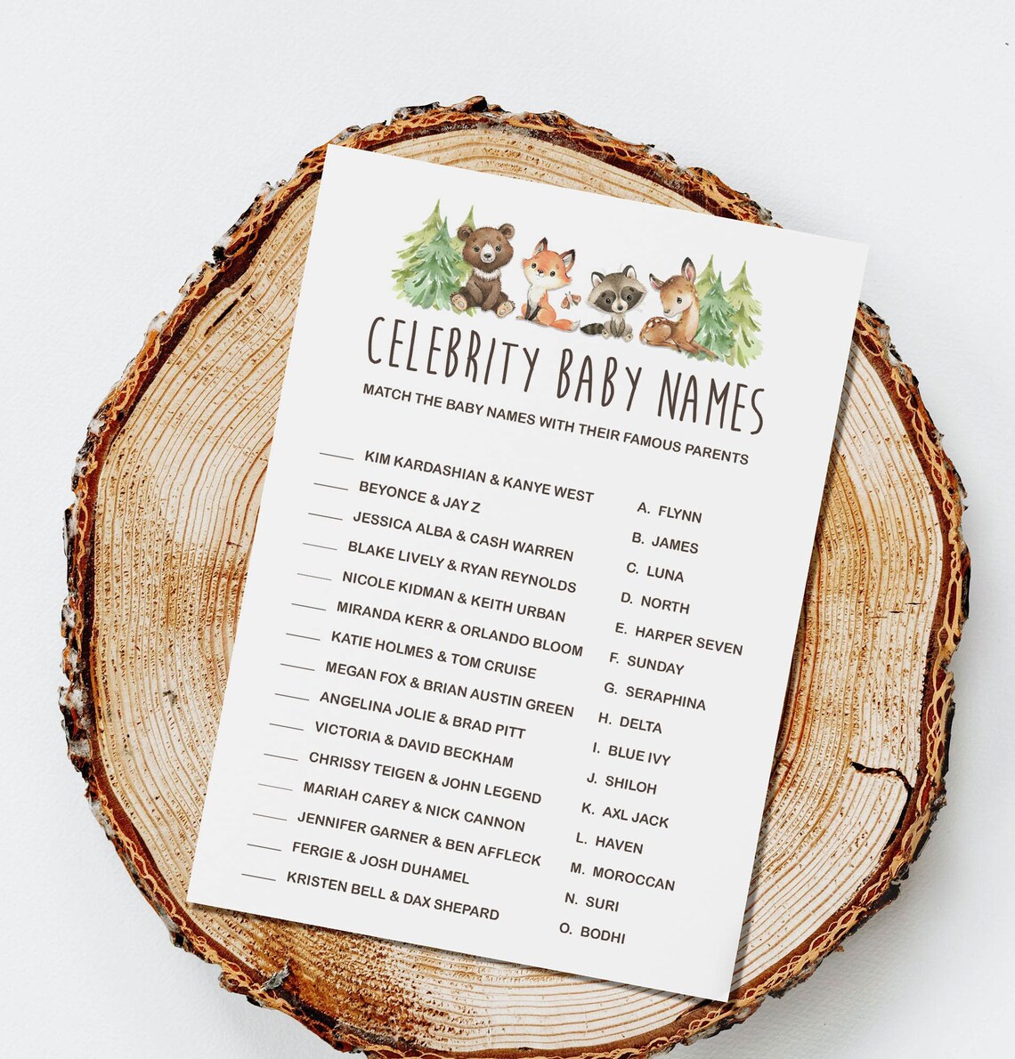 Celebrity Baby Name Shower Game Woodland Animals Matching - Etsy