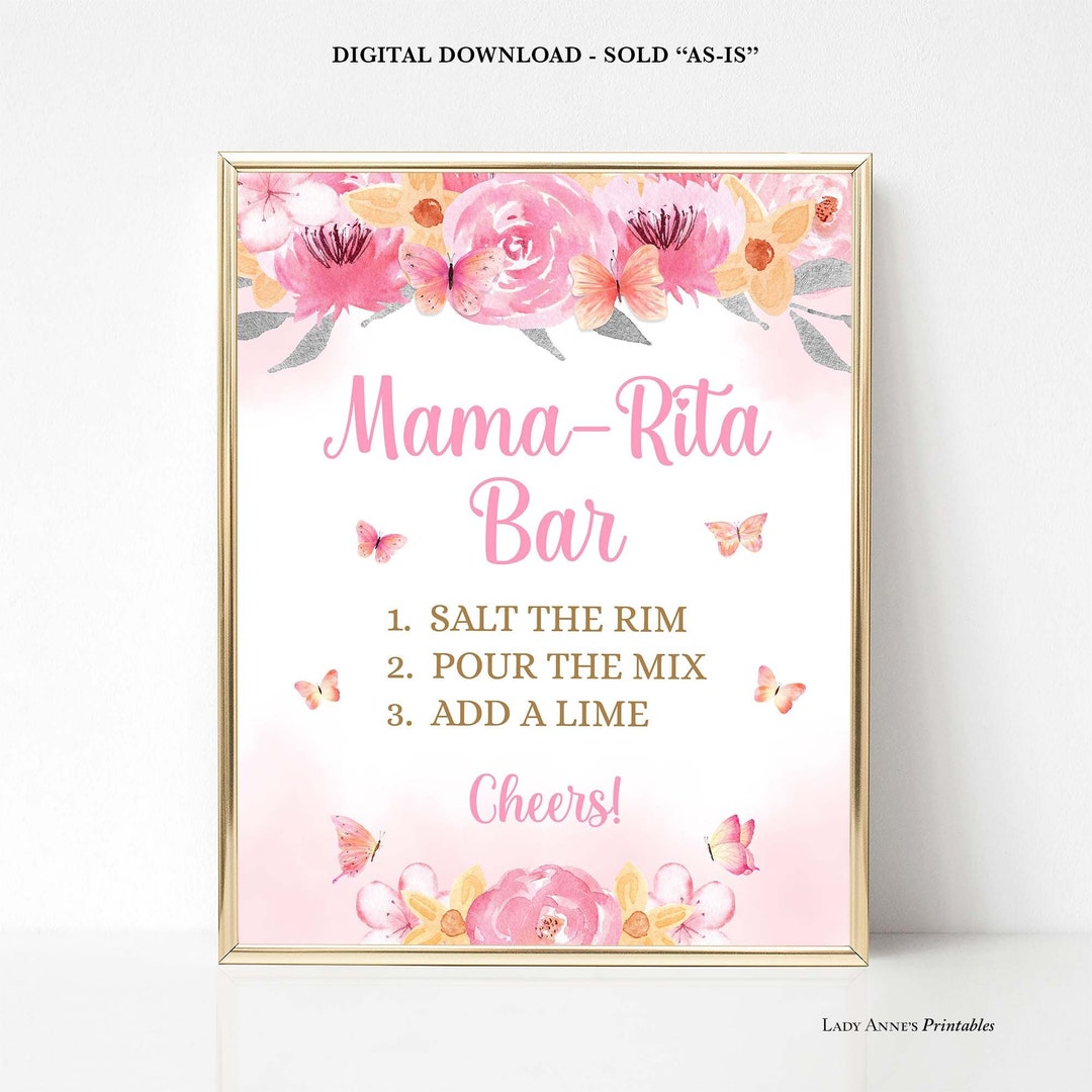 Mama-rita Bar Baby Shower Sign, Pink Butterflies Margarita Bar Sign, 2 ...