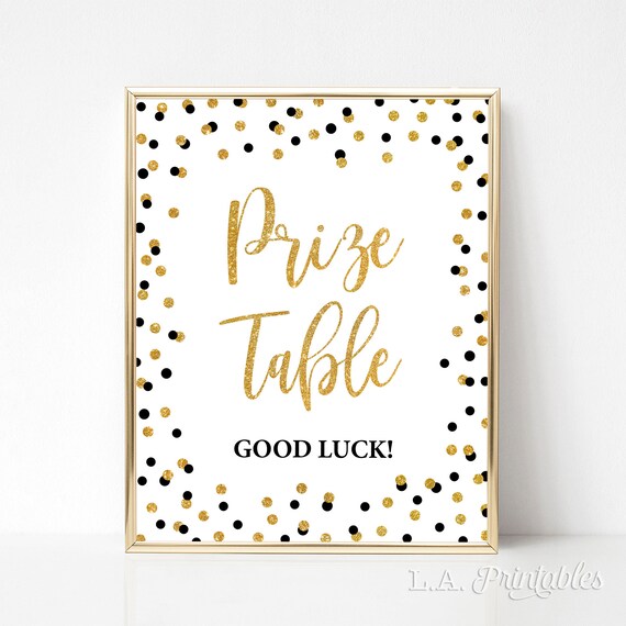 Prize Table Printable Sign Black & Gold Glitter Confetti | Etsy