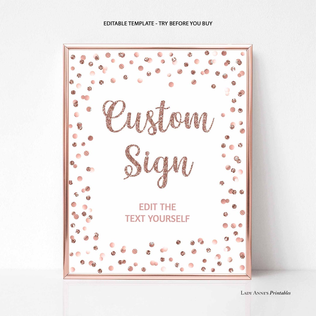 Rose Gold Shower Sign Template, Rose Gold Glitter Confetti Editable ...