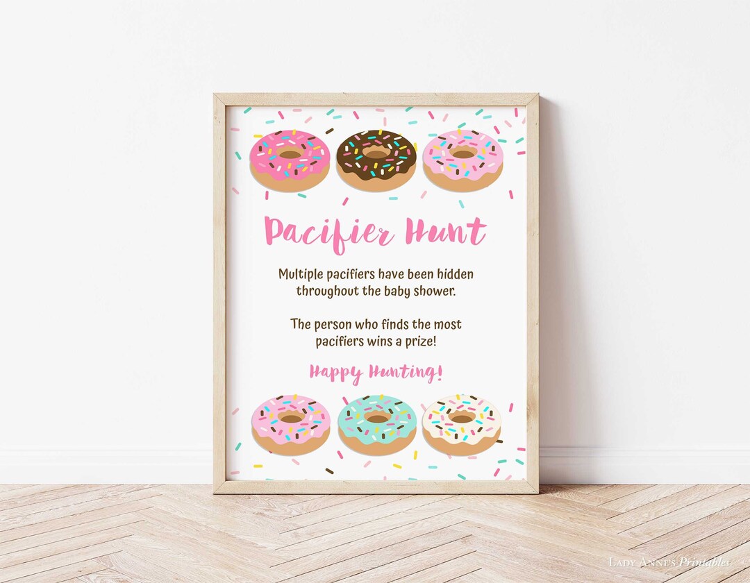 Donut Pacifier Hunt Baby Shower Game Sign, Pink Donut Sprinkle Shower ...