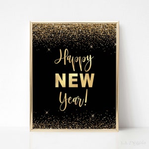 Happy New Year Party Sign, Black & Gold Glitter Confetti Sign 2, 2 ...
