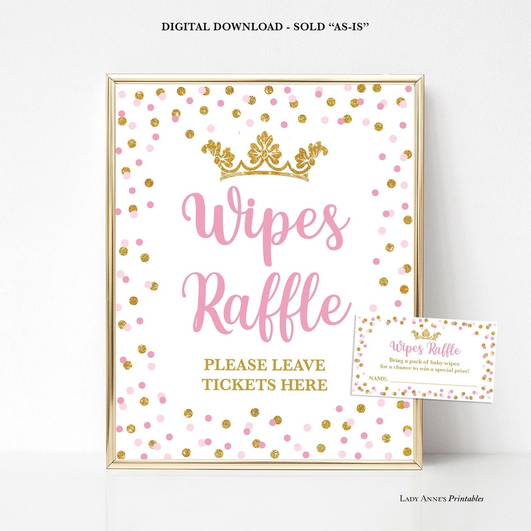 Baby Wipes Raffle Sign and Tickets, Pink & Gold Princess Baby Shower ...