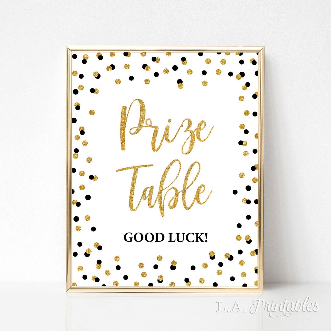 Prize Table Printable Sign, Black & Gold Glitter Confetti Shower Sign ...
