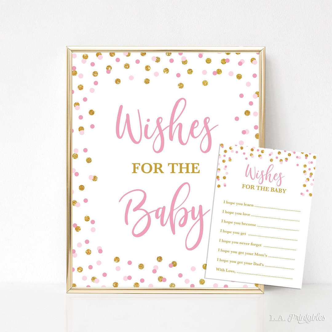 Pink Wishes for the Baby Sign & Cards, Pink and Gold Glitter Confetti ...