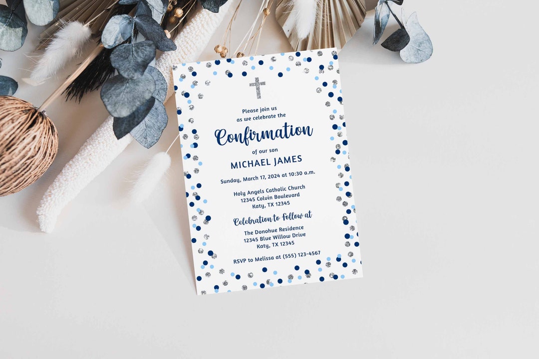 Blue Confirmation Invitation Template, Dark & Light Blue Silver Glitter ...