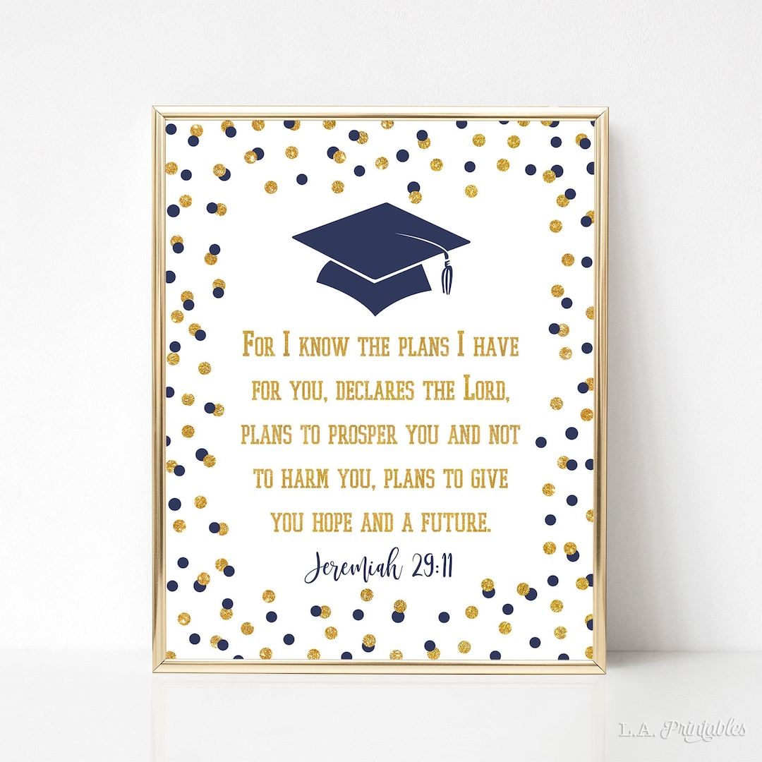 Navy Graduation Bible Verse Sign, Navy & Gold Glitter Confetti Grad ...