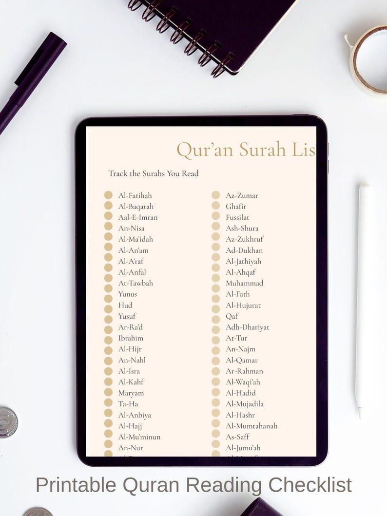 Quran Surah Checklist Printable, Quran Reading Tracker, Islamic Minimal ...