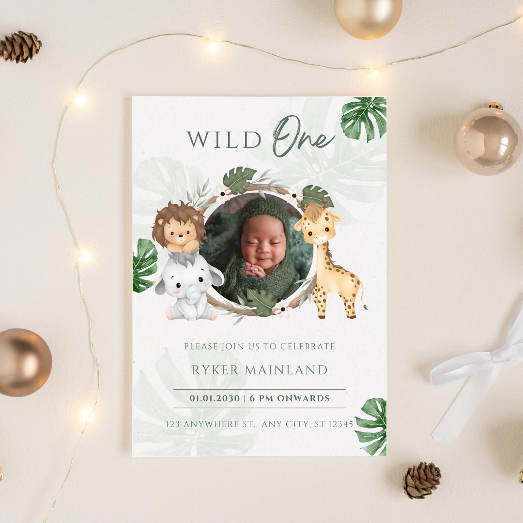 Editable Green Watercolor Jungle Themed Wild One First Birthday ...