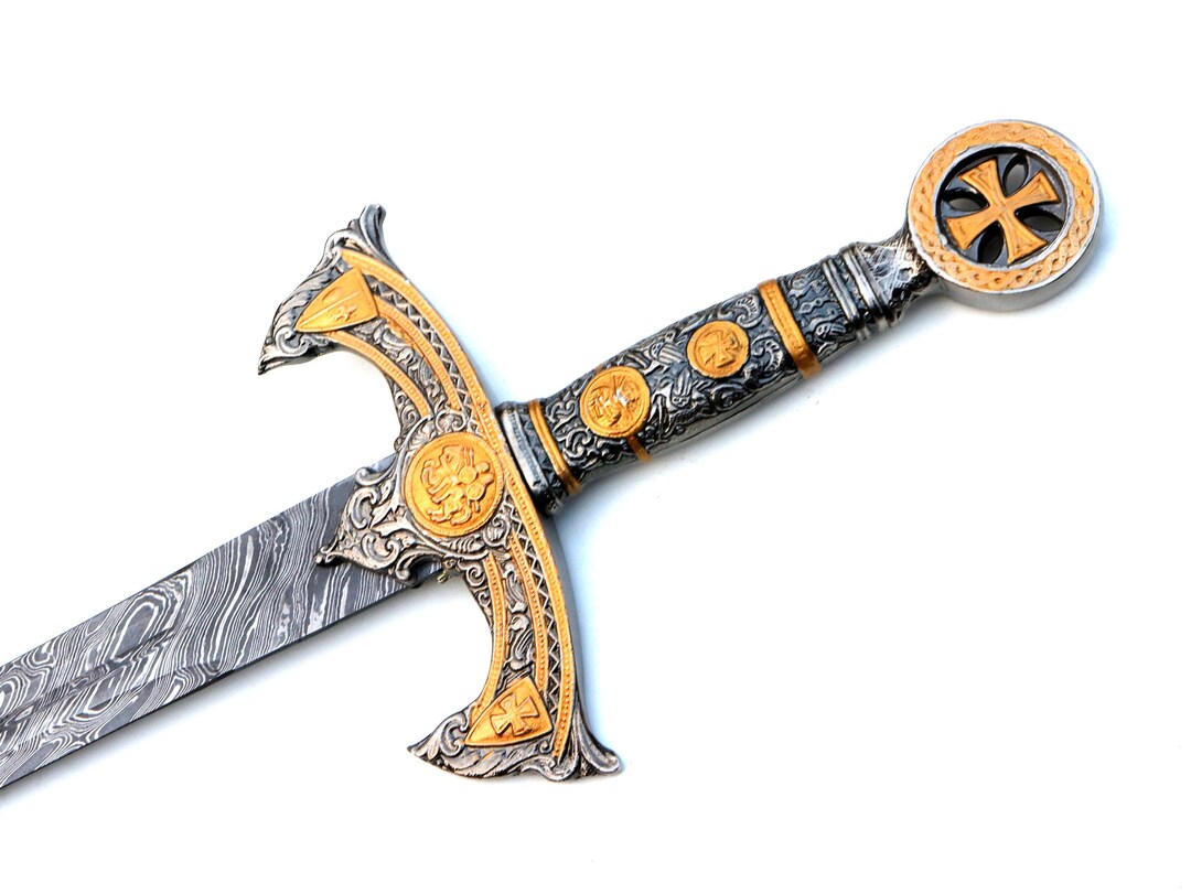 Hand Forged Damascus Steel Templar Sword, Ornate Medieval Blade - Etsy