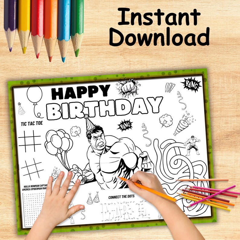 Hulk Birthday Coloring Placemat, Superhero Party Activity (PDF, JPG) - Etsy