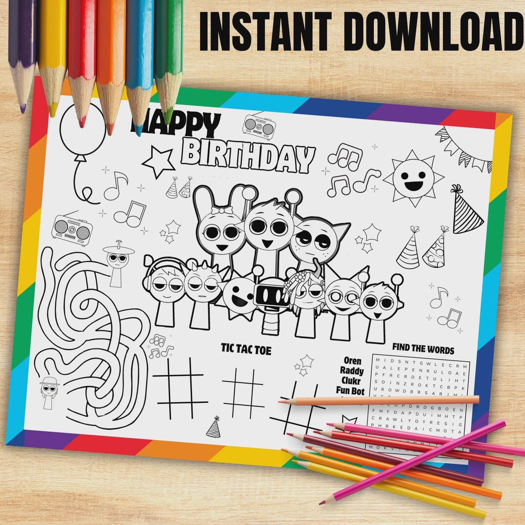 Sprunki Birthday Placemat, Sprunki Party, Coloring Activity Mat,kids ...