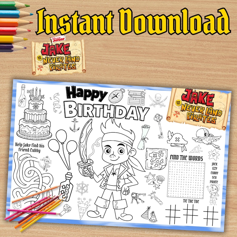 Santiago of the Seas Birthday Coloring Placemat, Pirates Party (instant ...