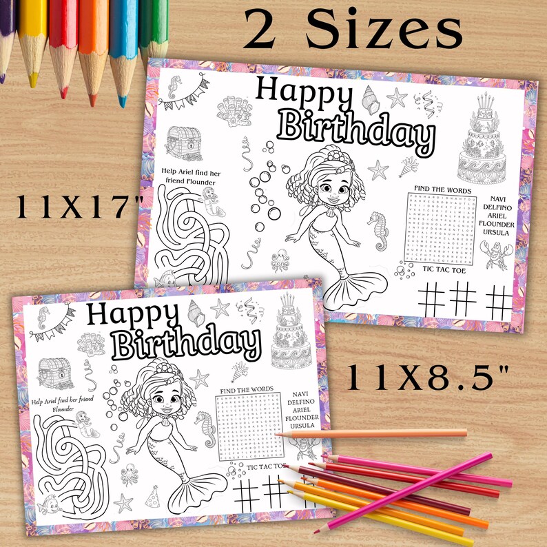 Ariel Birthday Coloring Placemat, Mermaid Party Activity (instant ...