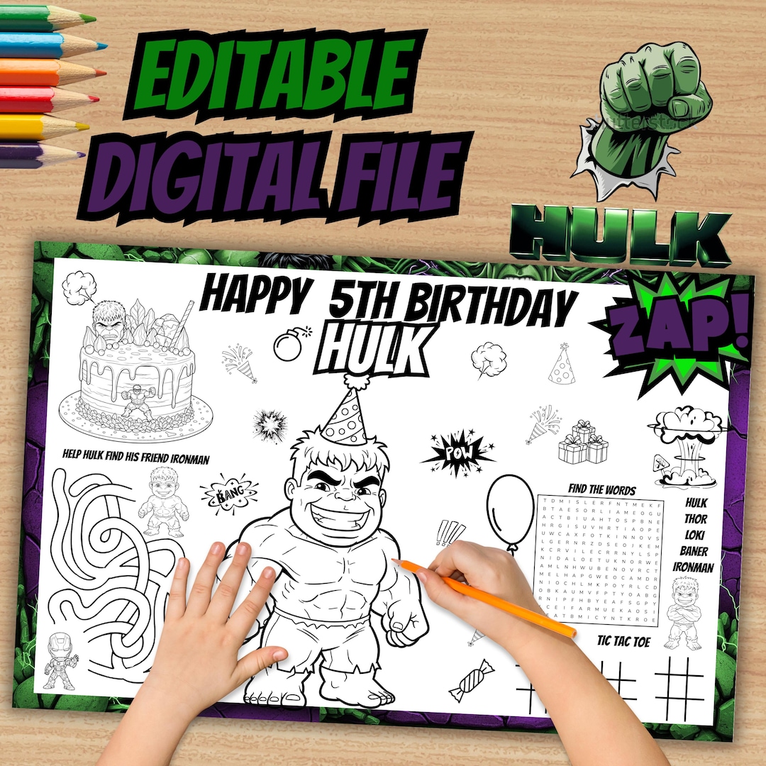 Hulk Birthday Coloring Placemat, Superhero Party Activity (digital File ...