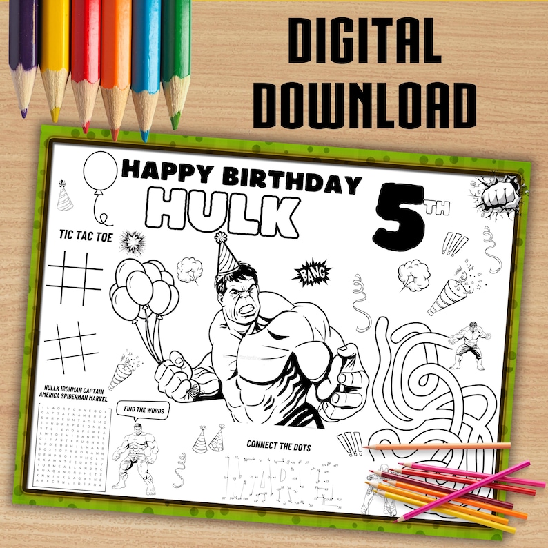 Personalized Hulk Birthday Coloring Activity Mat (digital Download) - Etsy