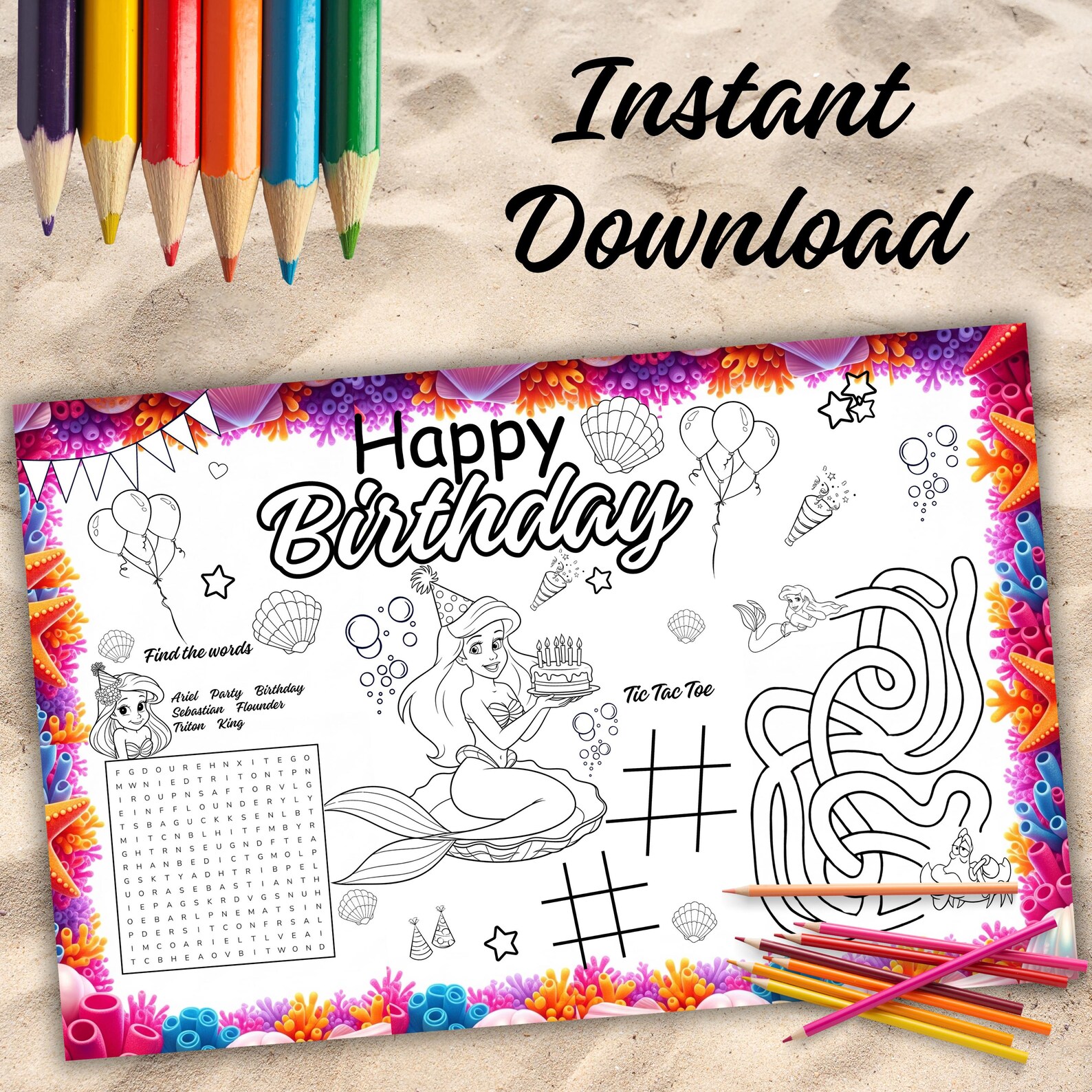 Little Mermaid Birthday Placemat, Coloring Page (PDF, JPG) - Etsy