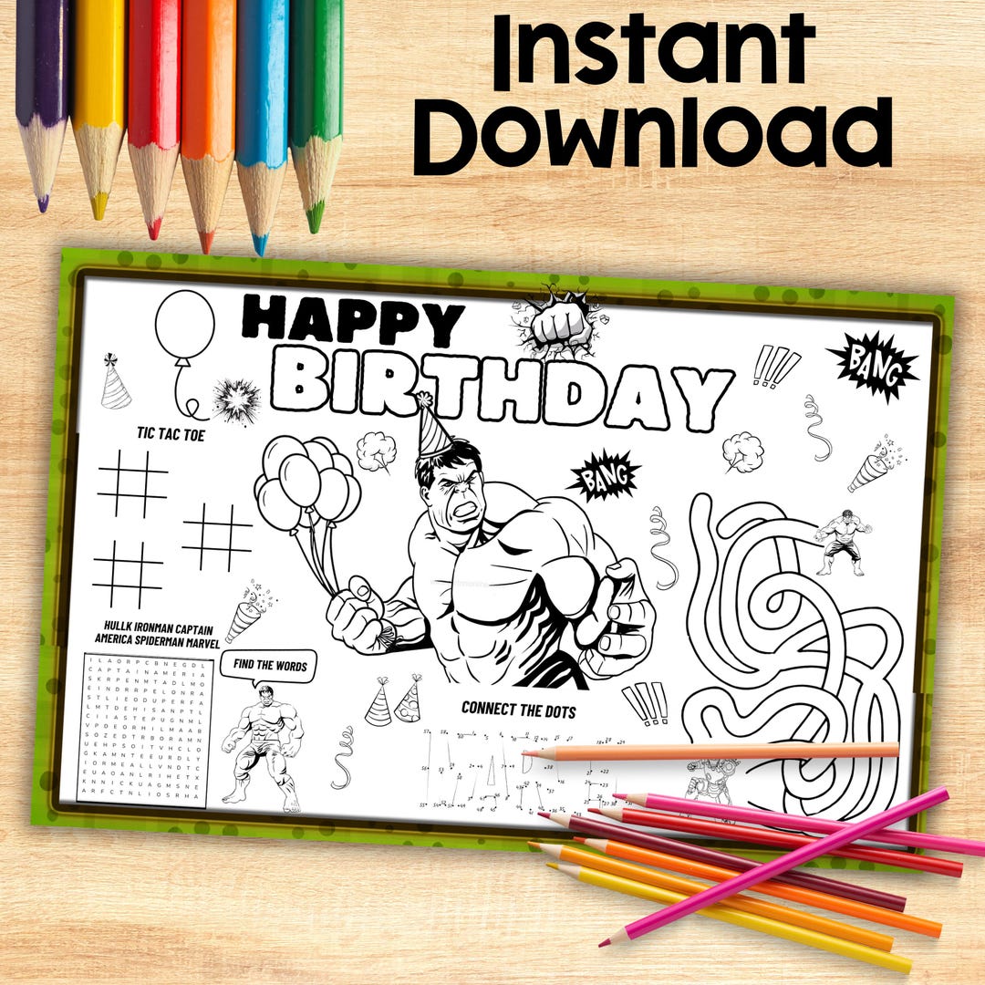 Hulk Birthday Coloring Placemat, Superhero Party Activity (PDF, JPG) - Etsy