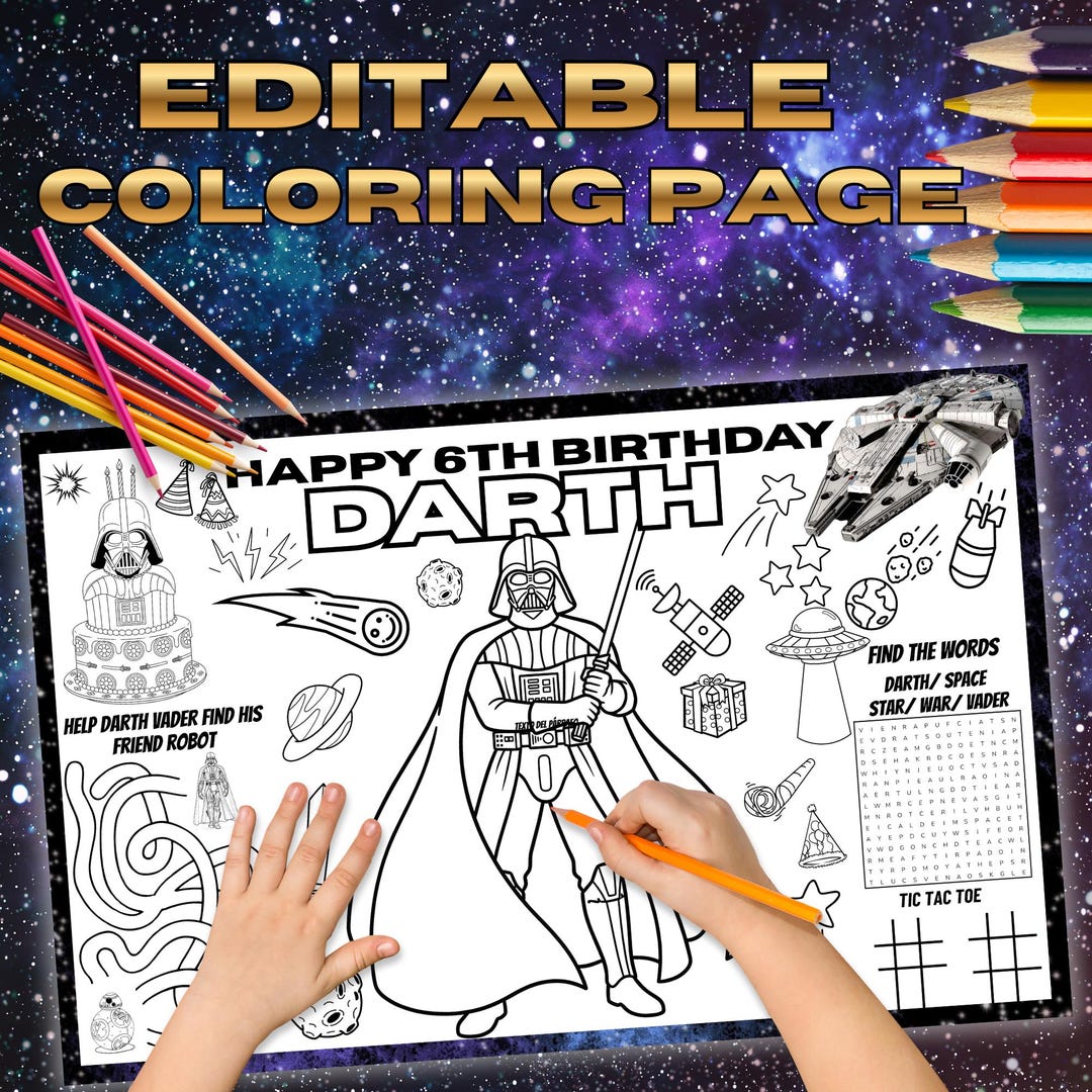 Darth Birthday Coloring Page, Star Wars Editable Placemat (digital File ...