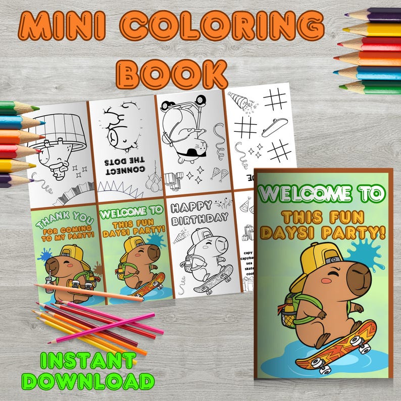 Capybara Boy Coloring Book, Capybaras Mini Party Edition (instant ...