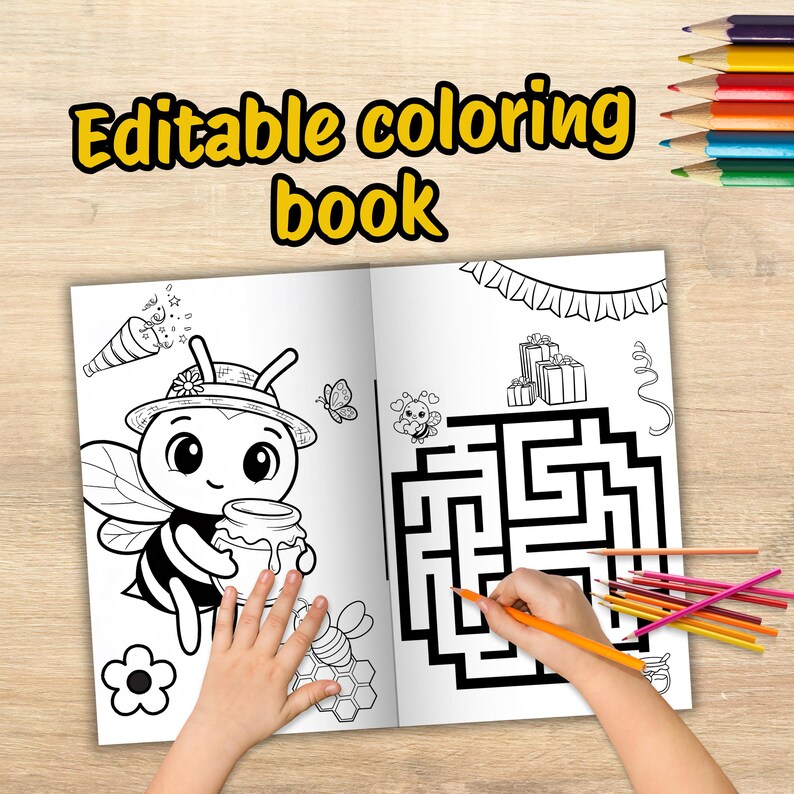 Editable Little Bee Birthday Coloring Book, Baby Bee Mermaid Ariel ...