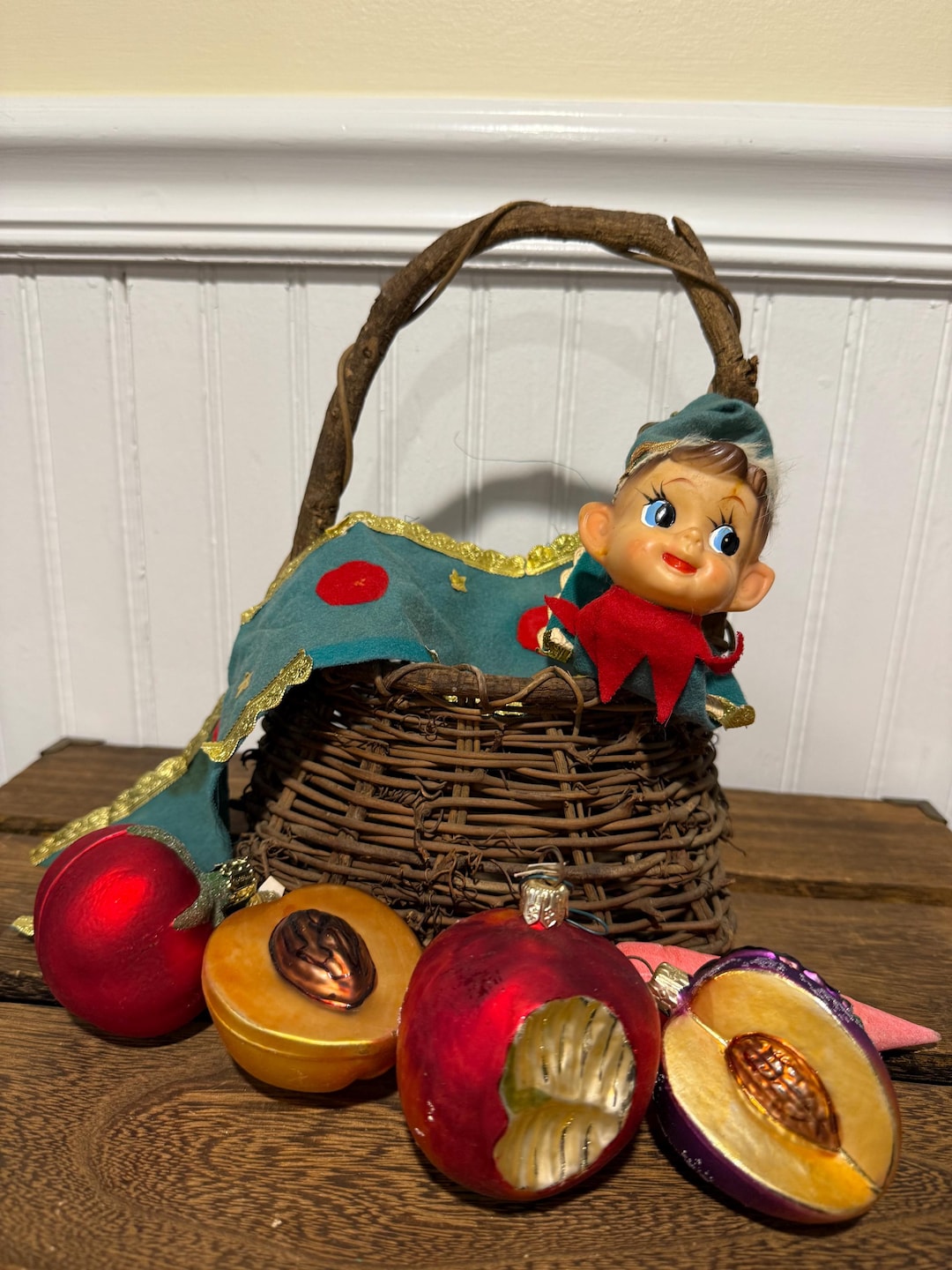 Vintage Kitsch Elf Felt Banner With Basket & Fruit Ornaments - Etsy