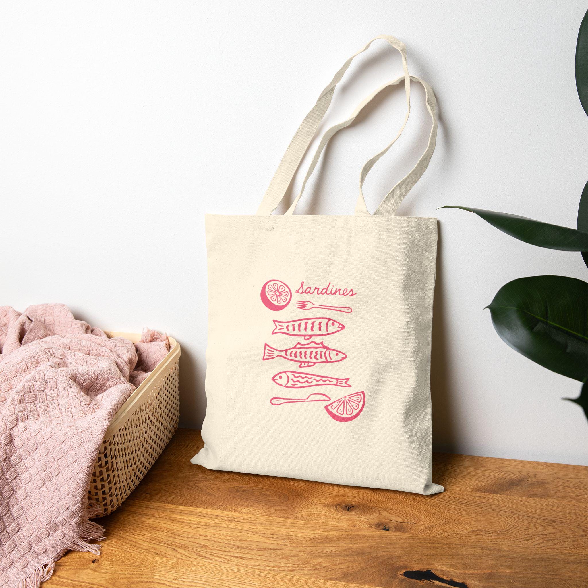 Pink Sardines Coastal Tote Bag, European Summer Beach Bag, Sardine ...