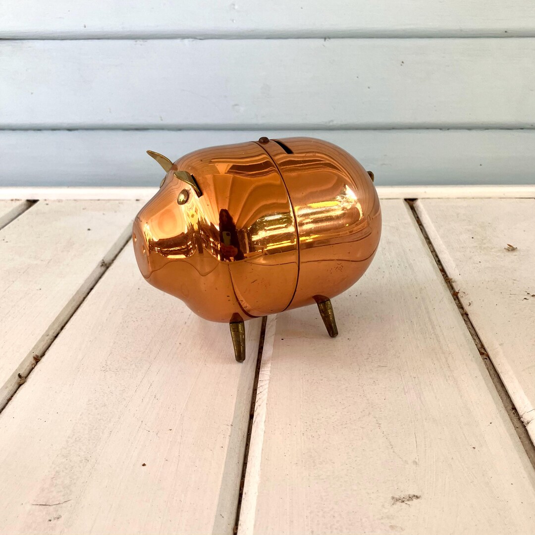 Vintage Copper Piggy Bank - Brass Accents - Pig Shaped - Piglet - Coin ...