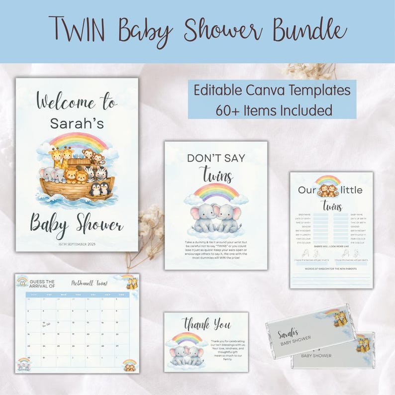 Noah's Ark Twins Baby Shower Bundle, Printable Party Package, Invite ...