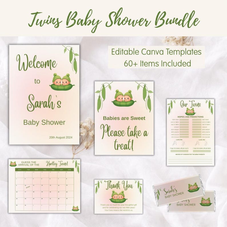 Two Peas in a Pod Baby Shower Bundle, Editable Canva Party Package ...