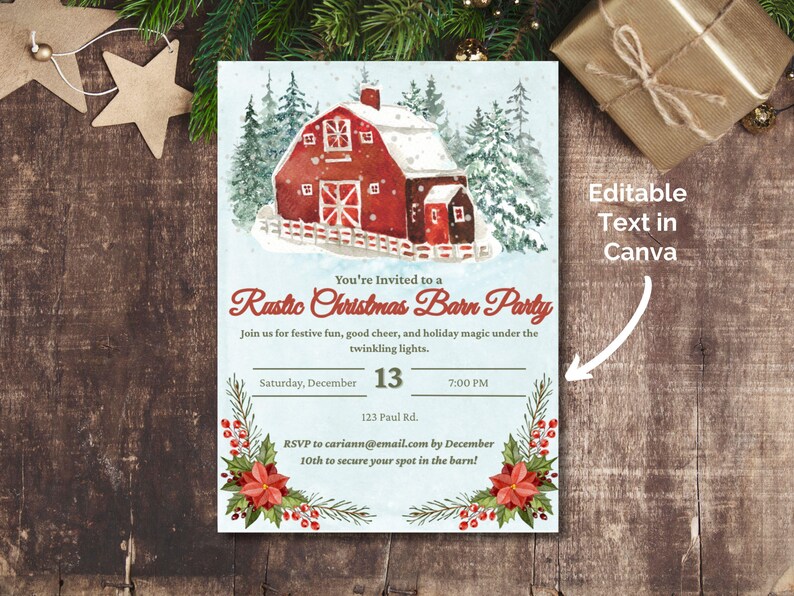 Rustic Christmas Barn Party Invitation - Festive Holiday Invite ...