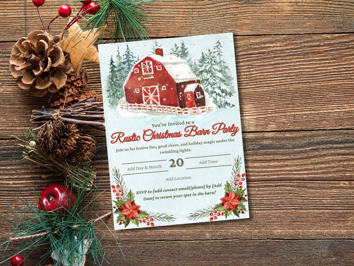 Rustic Christmas Barn Party Invitation - Festive Holiday Invite ...
