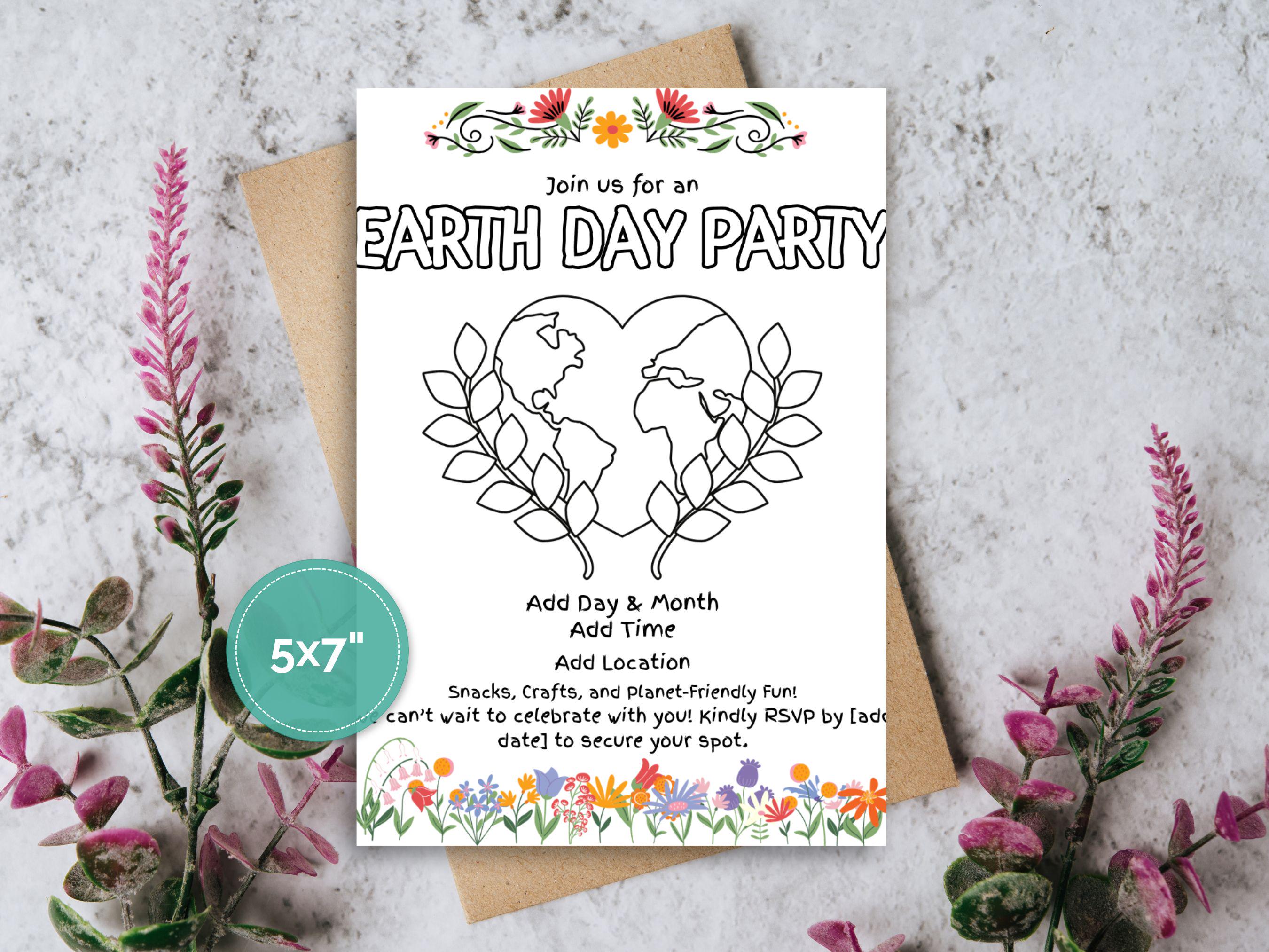 Earth Day Party Invitation Template - Editable & Colorable Design for ...
