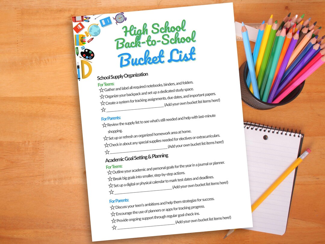 High School Back-to-school Bucket List | Printable Checklist for Kids ...