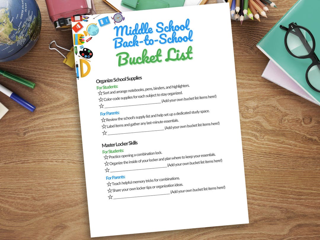 Middle School Back-to-school Bucket List | Printable Checklist for Kids ...
