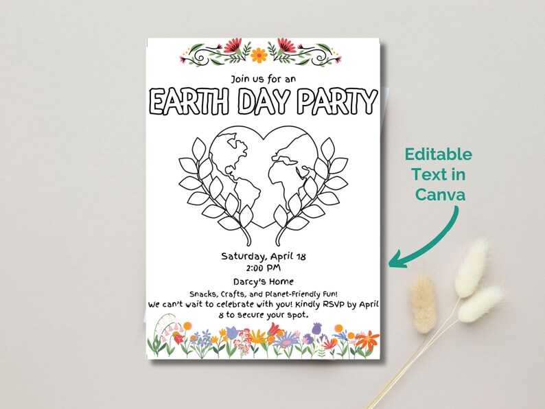 Earth Day Party Invitation Template - Editable & Colorable Design for ...