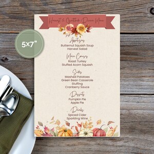 Editable Harvest & Gratitude Dinner Menu Template - Fall Thanksgiving ...