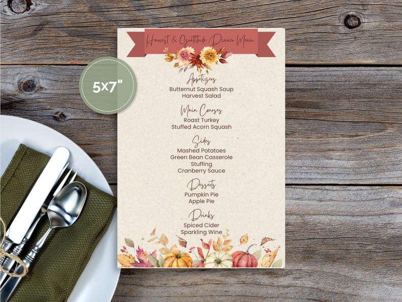 Editable Harvest & Gratitude Dinner Menu Template - Fall Thanksgiving ...
