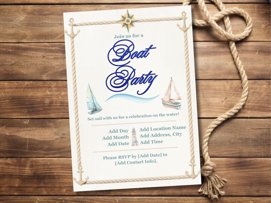 Boat Party Invitation, Nautical Party Invite, Editable Coastal Sailing ...