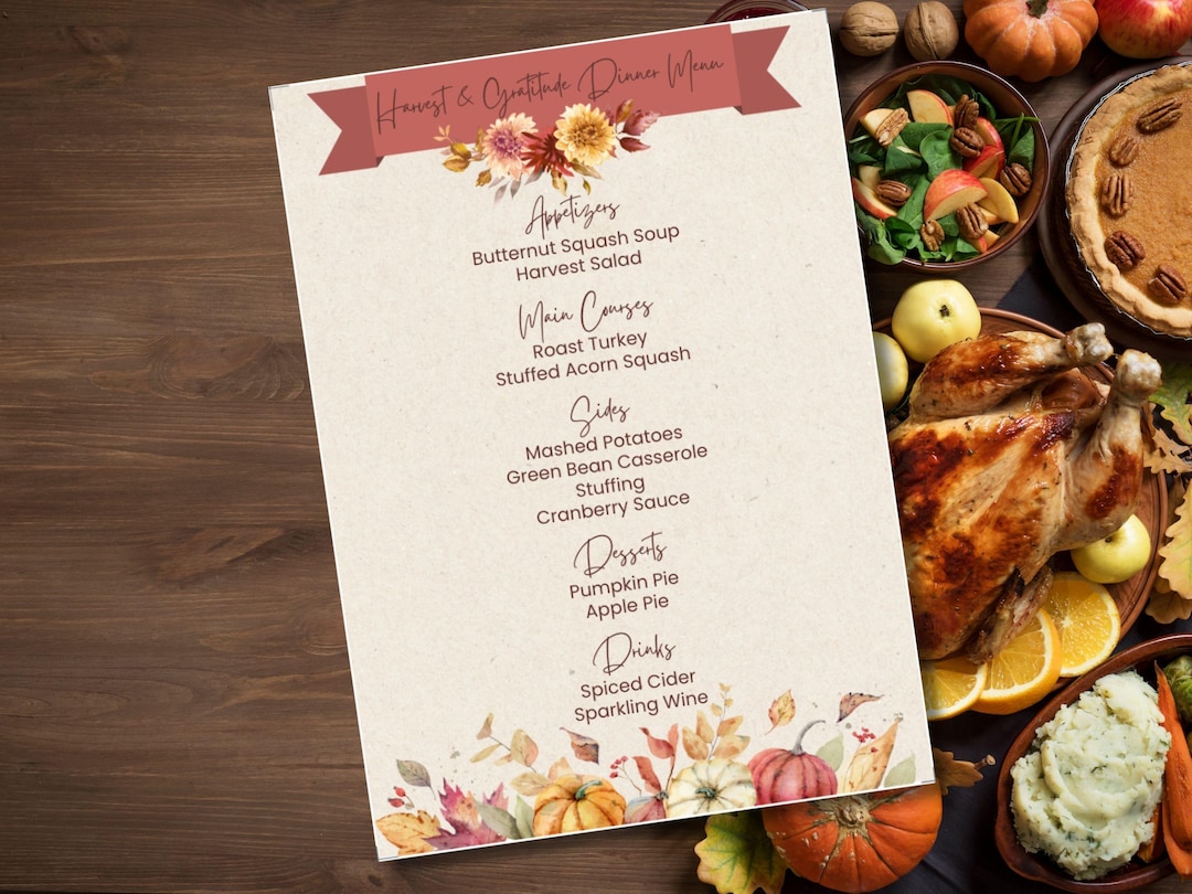 Editable Harvest & Gratitude Dinner Menu Template - Fall Thanksgiving ...