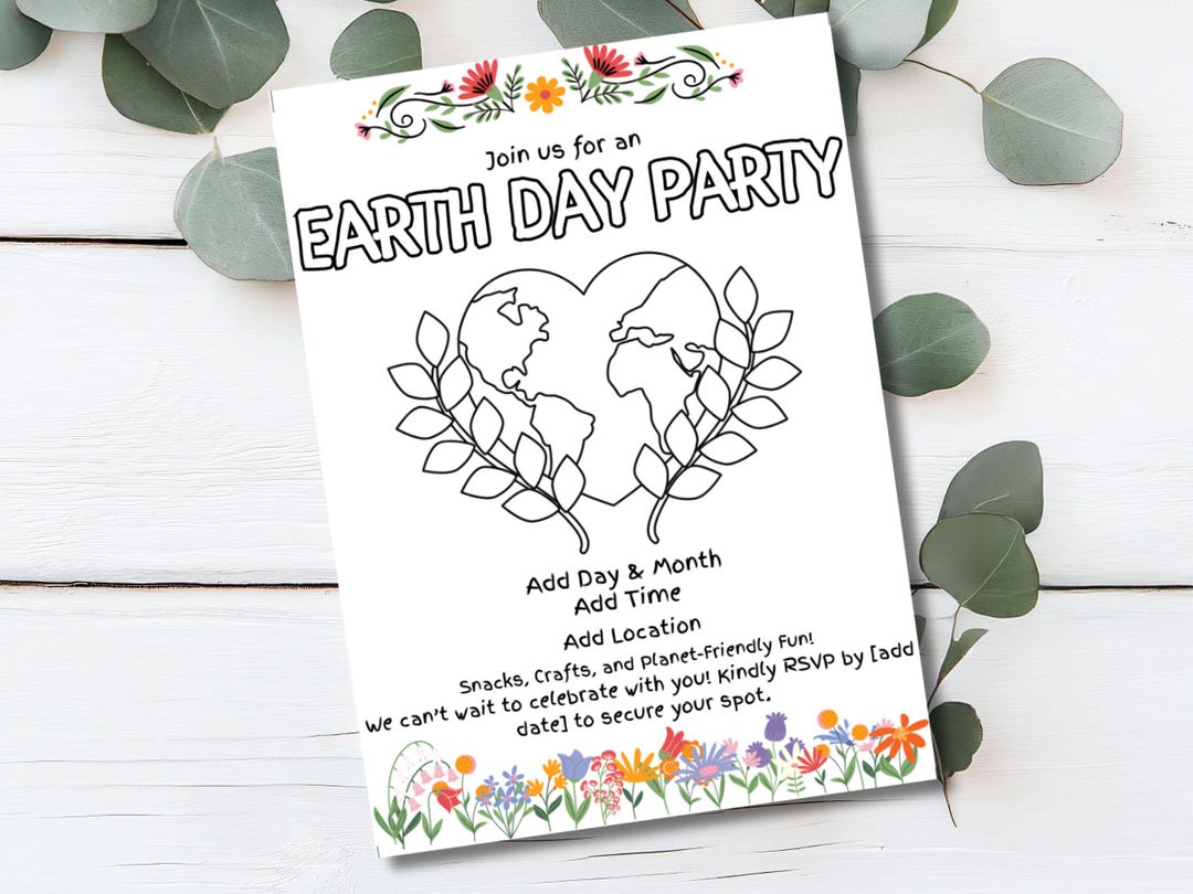 Earth Day Party Invitation Template - Editable & Colorable Design for ...