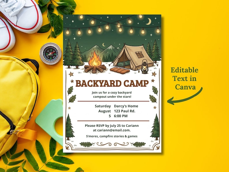 Backyard Campout Invitation Editable Kids Sleepover Invite, Outdoor ...