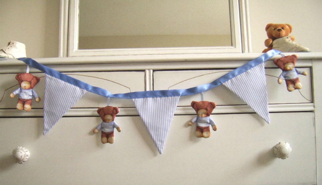 Teddy Bear Banner/bunting, Nursery Decor, Blue Stripes and Teddy Bears ...