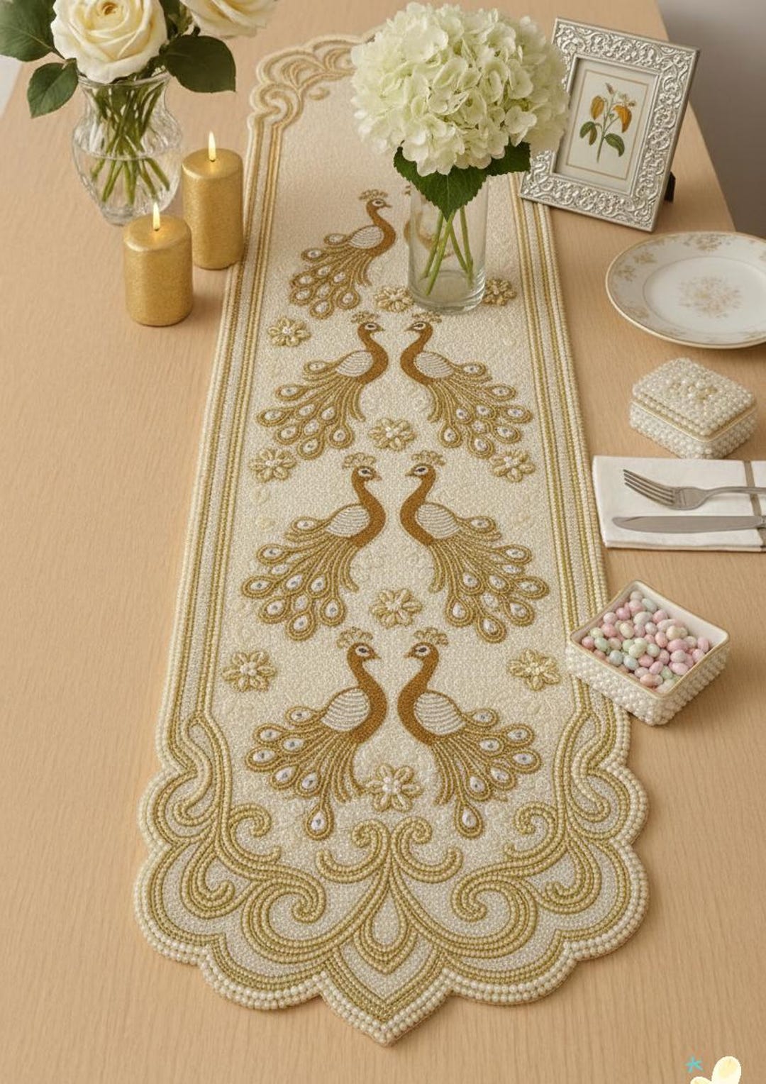 Handmade Beaded Peacock Table Runner, Ivory Gold Floral Linen, Wedding ...