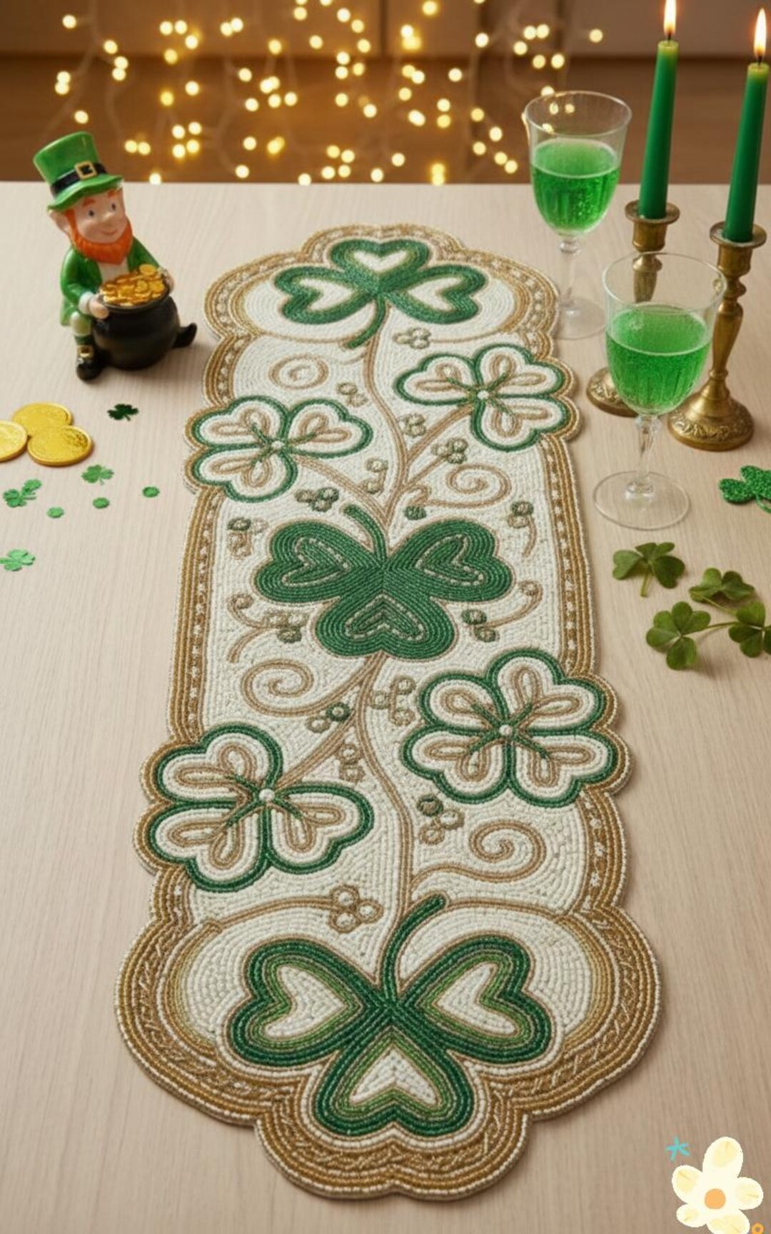 Handmade Beaded Shamrock Table Runner | St. Patrick's Day Decor, 13x36 ...