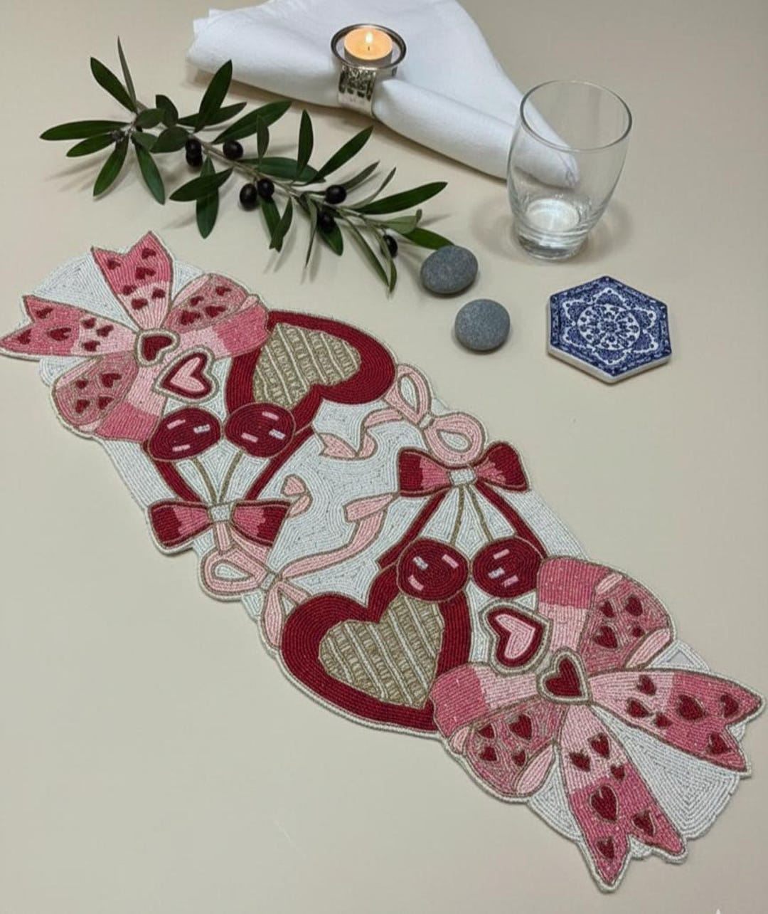 Handmade Beaded Heart Table Runner, Valentine's Day Decor, 13x36 - Etsy