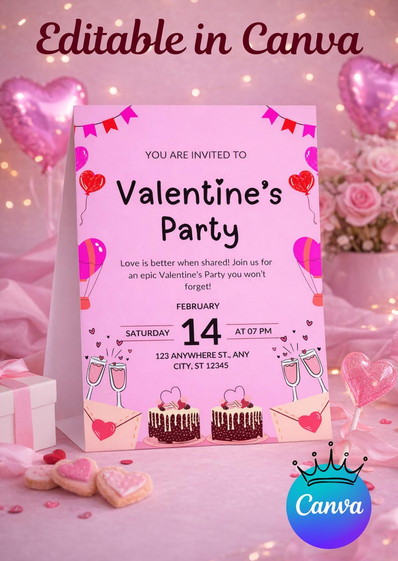 Editable Valentine's Day Party Invitation, February 14th Invite, Canva ...