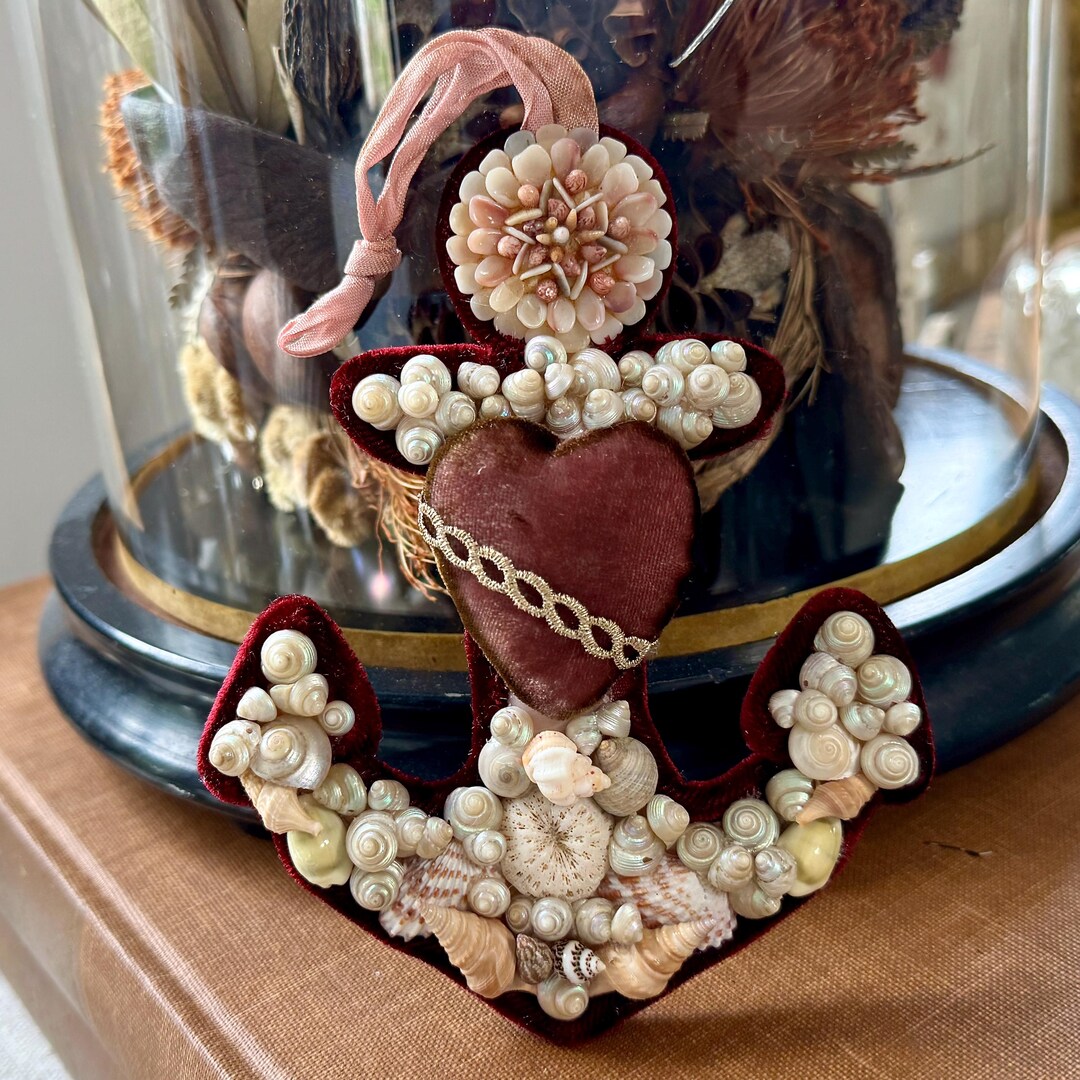 Antique Victorian Style Anchor Maritime Seashell Art, Velvet Heart Gold ...