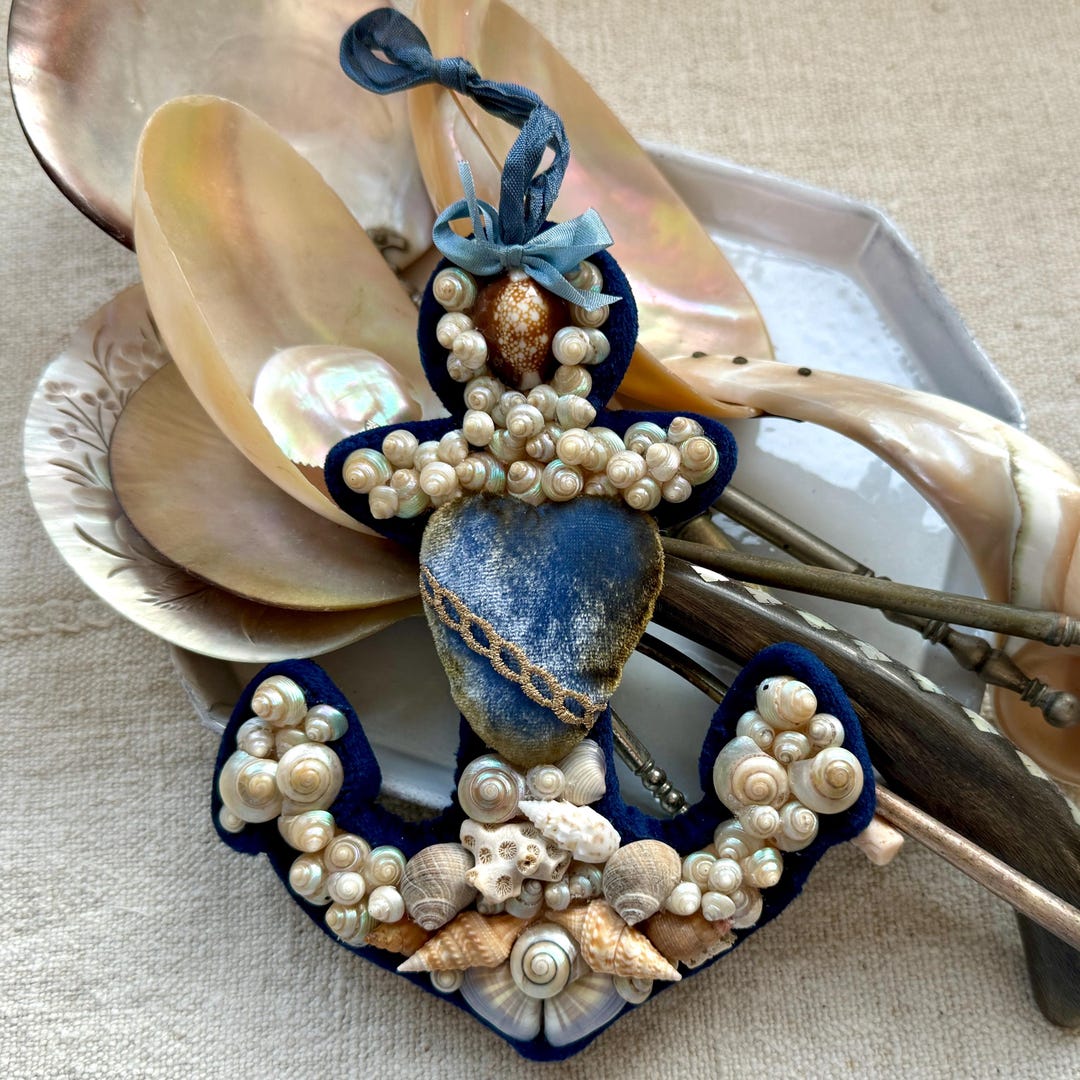 Antique Victorian Style Anchor Maritime Seashell Art, Blue Velvet Heart ...