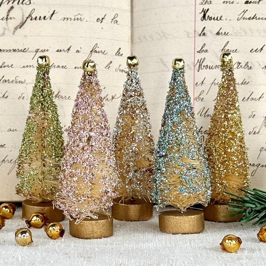 5 Bottle Brush Christmas Trees, Holiday Decor 3" Pastel Glass Glitter ...